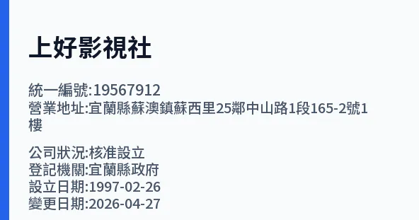 上好影視社的照片-統編 19567912(宜蘭縣) 公司登記資料與營業項目詳細圖表