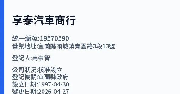 享泰汽車商行的照片-統編 19570590(宜蘭縣) 公司登記資料與營業項目詳細圖表