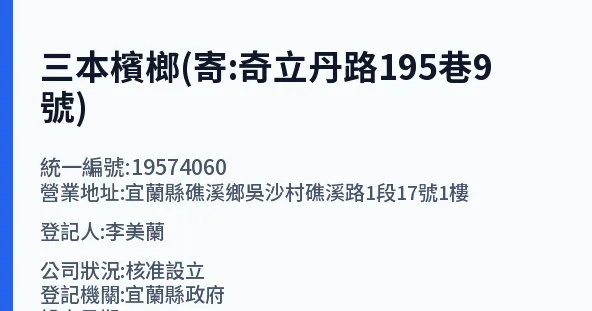 三本檳榔(寄:奇立丹路195巷9號)的照片-統編 19574060(宜蘭縣) 公司登記資料與營業項目詳細圖表