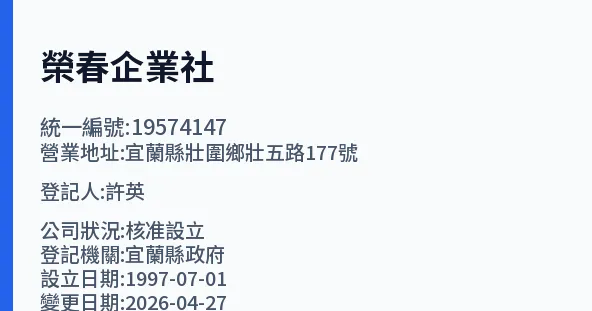 榮春企業社的照片-統編 19574147(宜蘭縣) 公司登記資料與營業項目詳細圖表