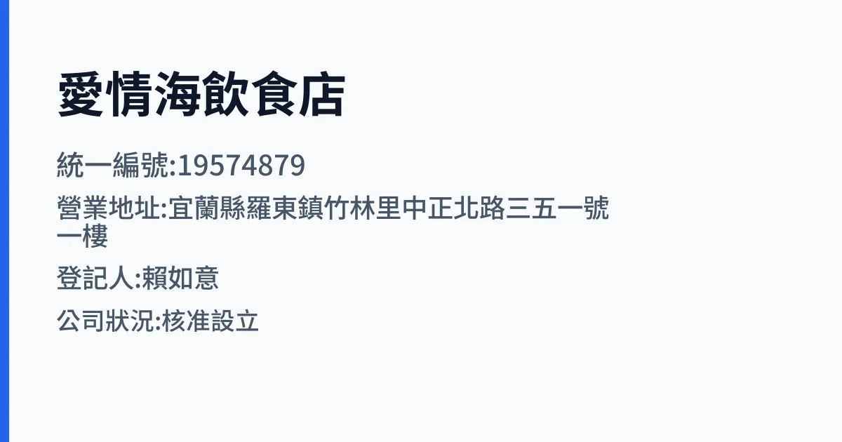 愛情海飲食店 - 統編 19574879(宜蘭縣) 公司登記資料與營業項目詳細圖表