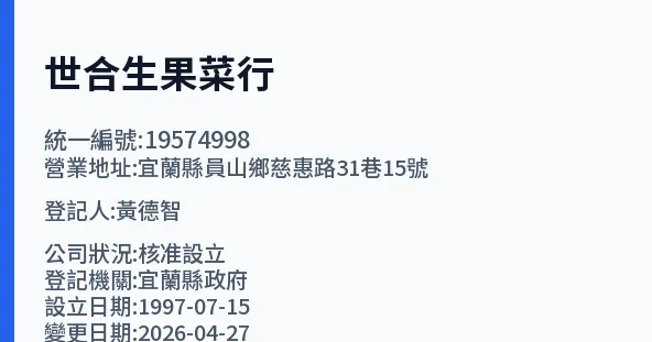 世合生果菜行的照片-統編 19574998(宜蘭縣) 公司登記資料與營業項目詳細圖表