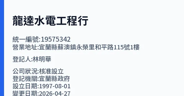 龍達水電工程行的照片-統編 19575342(宜蘭縣) 公司登記資料與營業項目詳細圖表