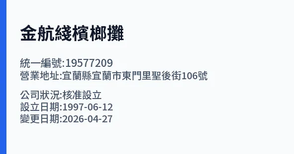 金航綫檳榔攤的照片-統編 19577209(宜蘭縣) 公司登記資料與營業項目詳細圖表