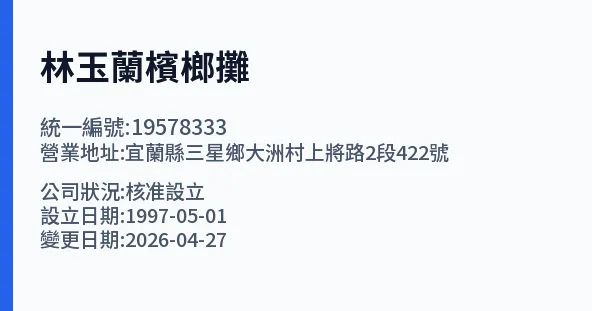 林玉蘭檳榔攤的照片-統編 19578333(宜蘭縣) 公司登記資料與營業項目詳細圖表