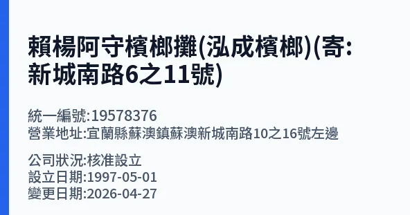 賴楊阿守檳榔攤(泓成檳榔)(寄:新城南路6之11號)的照片-統編 19578376(宜蘭縣) 公司登記資料與營業項目詳細圖表