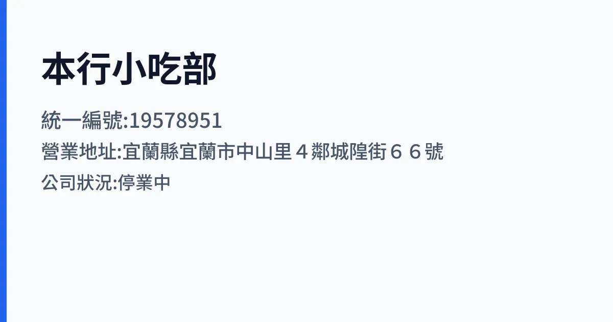 本行小吃部 - 統編 19578951(宜蘭縣) 公司登記資料與營業項目詳細圖表