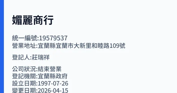 媚麗商行的照片-統編 19579537(宜蘭縣) 公司登記資料與營業項目詳細圖表
