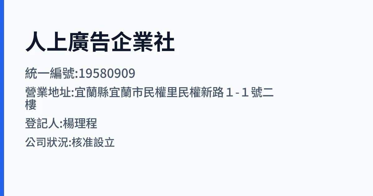 人上廣告企業社 - 統編 19580909(宜蘭縣) 公司登記資料與營業項目詳細圖表