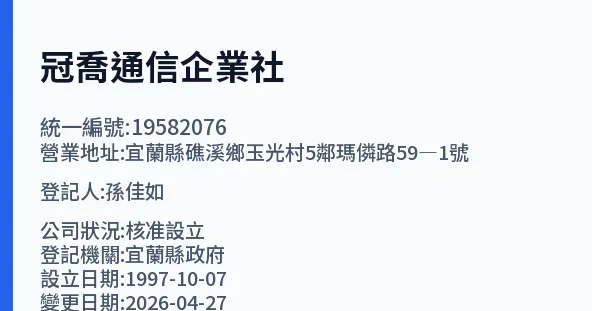 冠喬通信企業社的照片-統編 19582076(宜蘭縣) 公司登記資料與營業項目詳細圖表