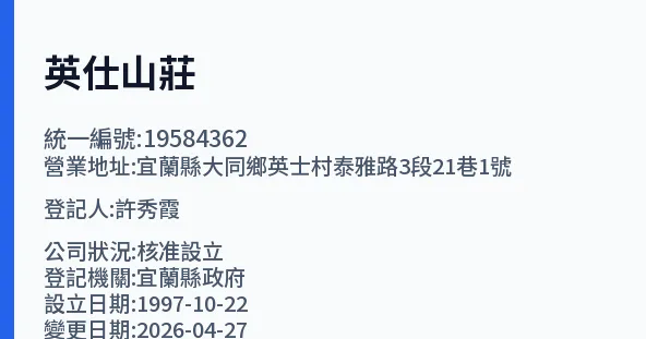 英仕山莊的照片-統編 19584362(宜蘭縣) 公司登記資料與營業項目詳細圖表