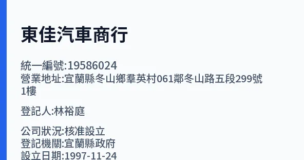 東佳汽車商行的照片-統編 19586024(宜蘭縣) 公司登記資料與營業項目詳細圖表