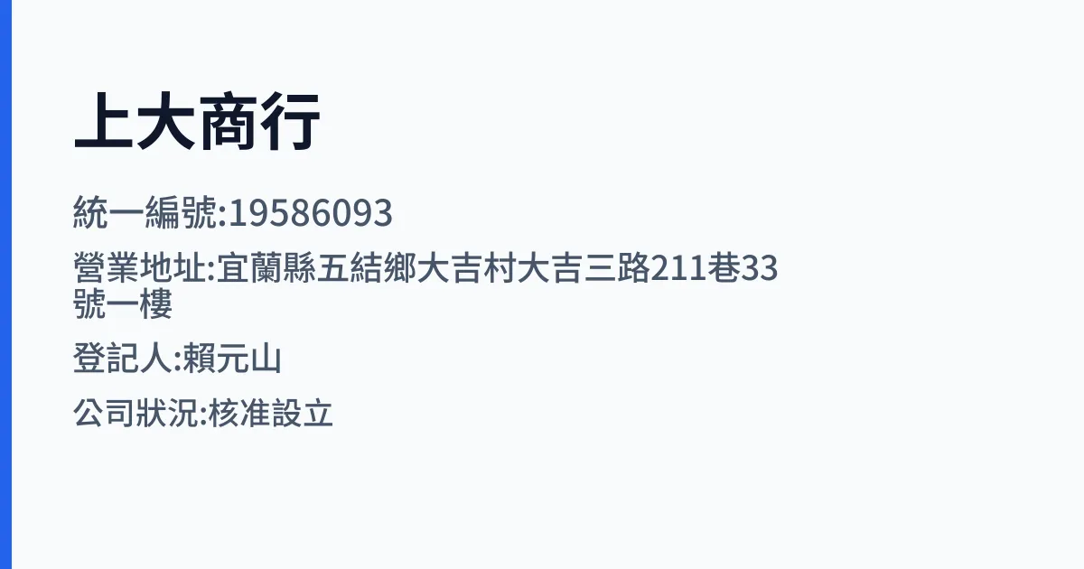 上大商行 - 統編 19586093(宜蘭縣) 公司登記資料與營業項目詳細圖表