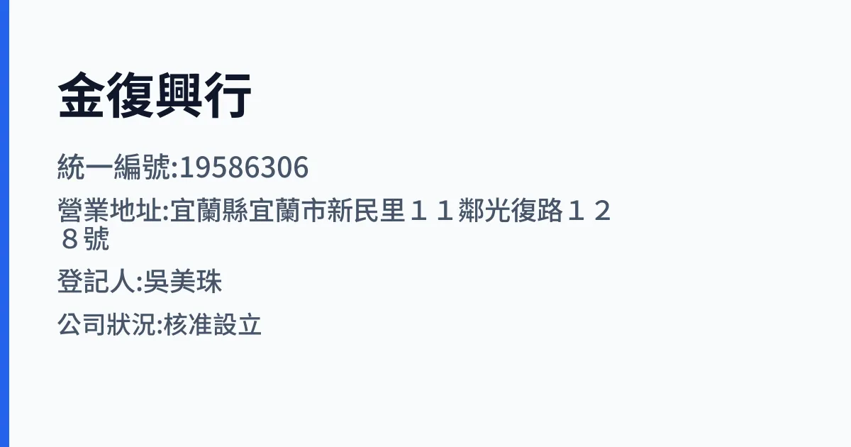 金復興行 - 統編 19586306(宜蘭縣) 公司登記資料與營業項目詳細圖表