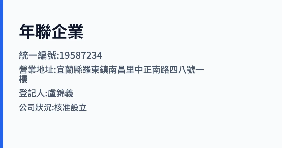 年聯企業 - 統編 19587234(宜蘭縣) 公司登記資料與營業項目詳細圖表