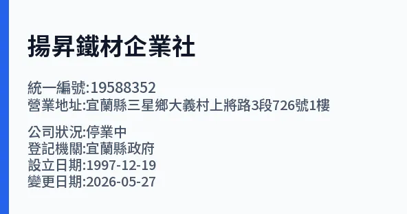 揚昇鐵材企業社的照片-統編 19588352(宜蘭縣) 公司登記資料與營業項目詳細圖表