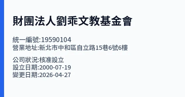 財團法人劉乖文教基金會的照片-統編 19590104(新北市) 公司登記資料與營業項目詳細圖表
