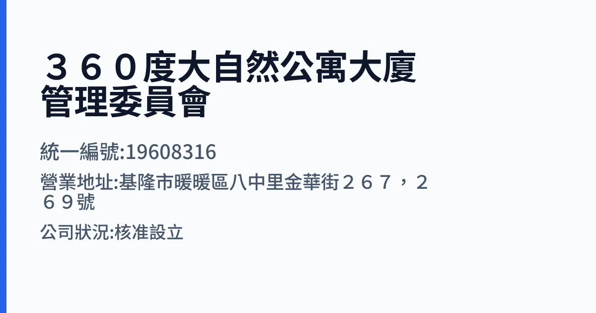 ３６０度大自然公寓大廈管理委員會 - 統編 19608316(基隆市) 公司登記資料與營業項目詳細圖表