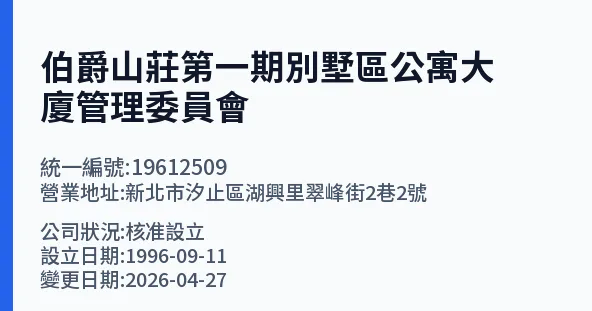 伯爵山莊第一期別墅區公寓大廈管理委員會的照片-統編 19612509(新北市) 公司登記資料與營業項目詳細圖表