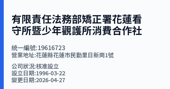 有限責任法務部矯正署花蓮看守所暨少年觀護所消費合作社的照片-統編 19616723(花蓮縣) 公司登記資料與營業項目詳細圖表