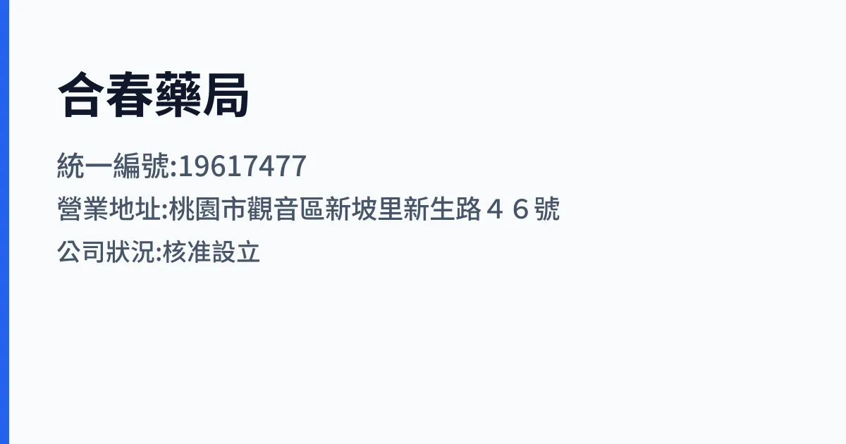 合春藥局 - 統編 19617477(桃園市) 公司登記資料與營業項目詳細圖表