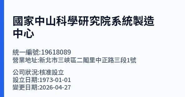 國家中山科學研究院系統製造中心的照片-統編 19618089(新北市) 公司登記資料與營業項目詳細圖表