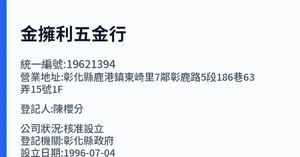 金擁利五金行的照片-統編 19621394(彰化縣) 公司登記資料與營業項目詳細圖表