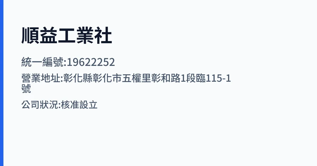 順益工業社 - 統編 19622252(彰化縣) 公司登記資料與營業項目詳細圖表