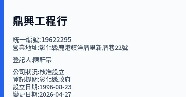 鼎興工程行的照片-統編 19622295(彰化縣) 公司登記資料與營業項目詳細圖表