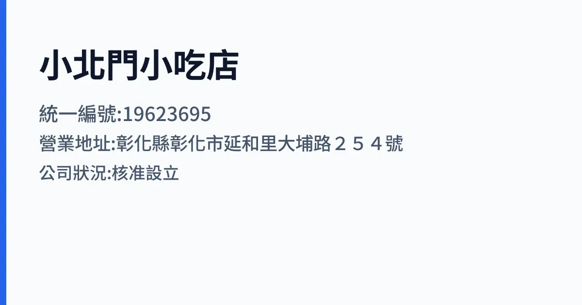 小北門小吃店 - 統編 19623695(彰化縣) 公司登記資料與營業項目詳細圖表