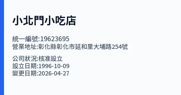 小北門小吃店的照片-統編 19623695(彰化縣) 公司登記資料與營業項目詳細圖表