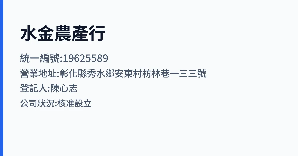 水金農產行 - 統編 19625589(彰化縣) 公司登記資料與營業項目詳細圖表