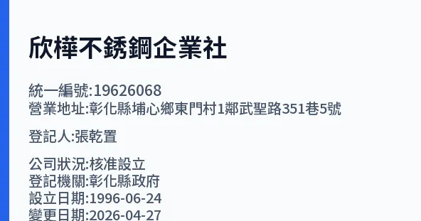欣樺不銹鋼企業社的照片-統編 19626068(彰化縣) 公司登記資料與營業項目詳細圖表