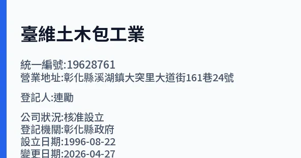 臺維土木包工業的照片-統編 19628761(彰化縣) 公司登記資料與營業項目詳細圖表