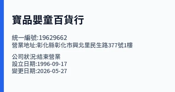 寶品嬰童百貨行的照片-統編 19629662(彰化縣) 公司登記資料與營業項目詳細圖表