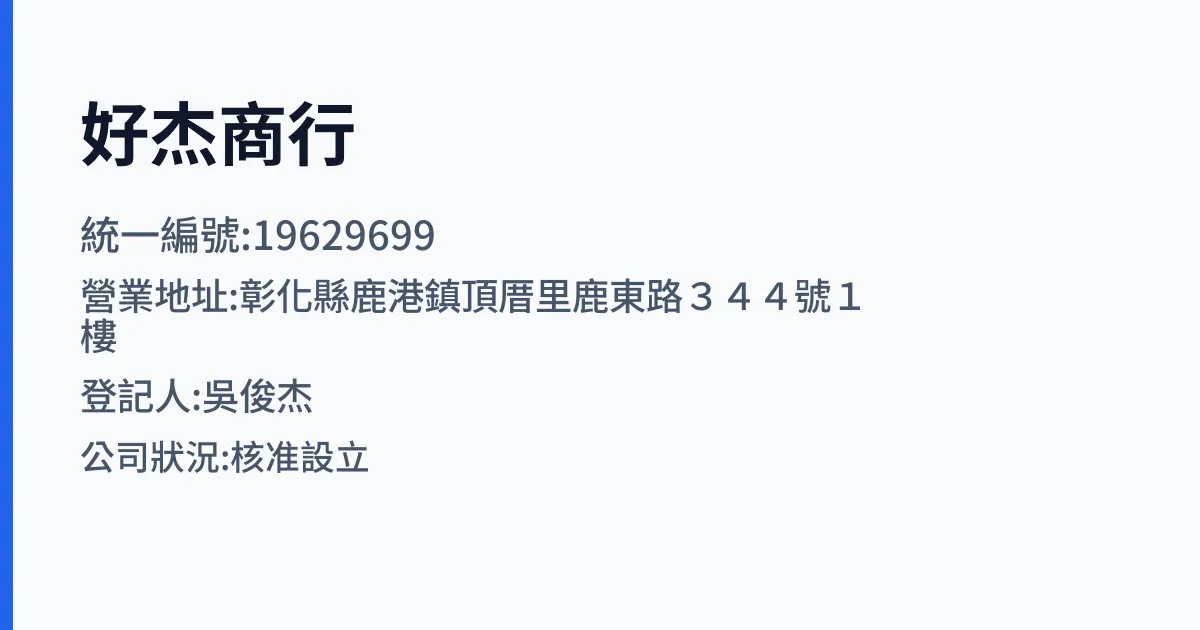 好杰商行 - 統編 19629699(彰化縣) 公司登記資料與營業項目詳細圖表