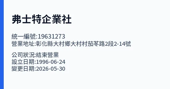 弗士特企業社的照片-統編 19631273(彰化縣) 公司登記資料與營業項目詳細圖表