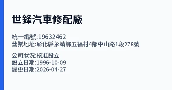 世鋒汽車修配廠的照片-統編 19632462(彰化縣) 公司登記資料與營業項目詳細圖表