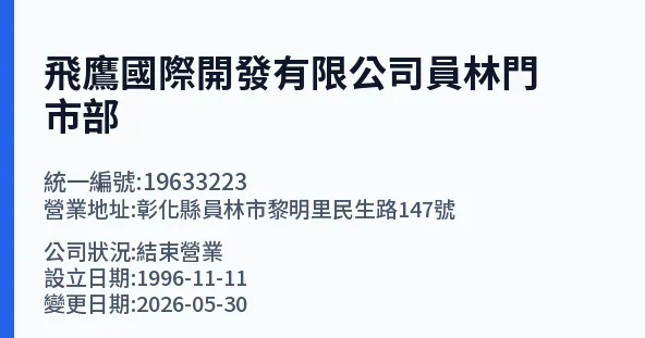 飛鷹國際開發有限公司員林門市部的照片-統編 19633223(彰化縣) 公司登記資料與營業項目詳細圖表