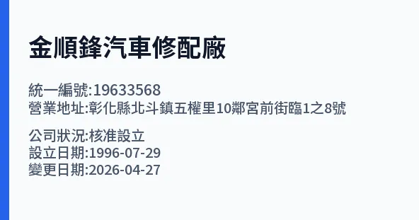 金順鋒汽車修配廠的照片-統編 19633568(彰化縣) 公司登記資料與營業項目詳細圖表