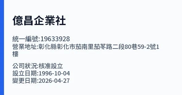 億昌企業社的照片-統編 19633928(彰化縣) 公司登記資料與營業項目詳細圖表
