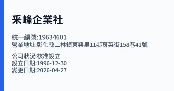 釆峰企業社的照片-統編 19634601(彰化縣) 公司登記資料與營業項目詳細圖表