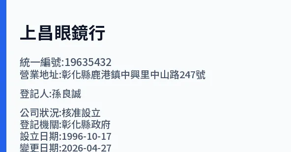 上昌眼鏡行的照片-統編 19635432(彰化縣) 公司登記資料與營業項目詳細圖表