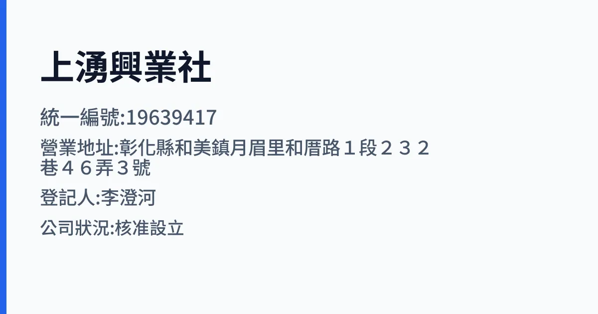 上湧興業社 - 統編 19639417(彰化縣) 公司登記資料與營業項目詳細圖表