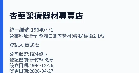 杏華醫療器材專賣店的照片-統編 19640771(新竹縣) 公司登記資料與營業項目詳細圖表