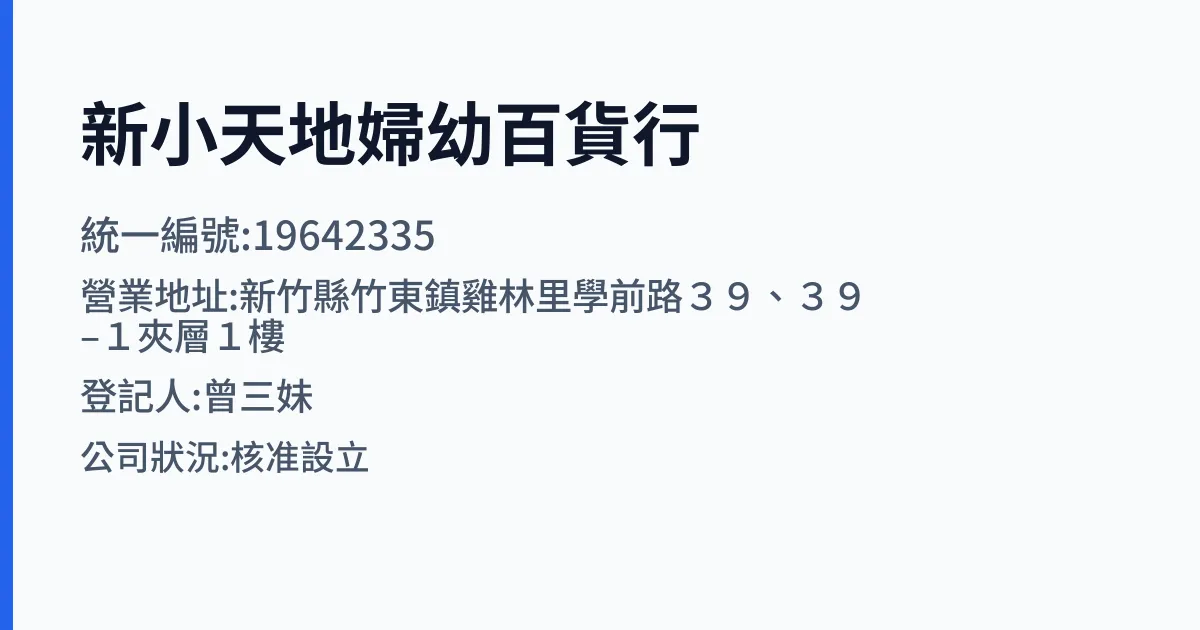 新小天地婦幼百貨行 - 統編 19642335(新竹縣) 公司登記資料與營業項目詳細圖表
