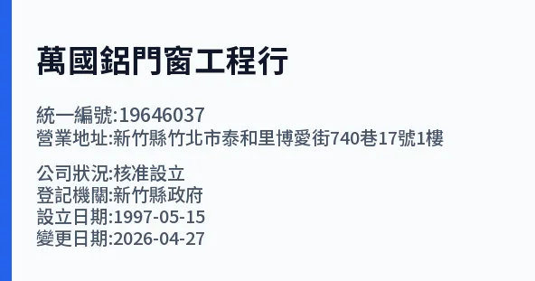 萬國鋁門窗工程行的照片-統編 19646037(新竹縣) 公司登記資料與營業項目詳細圖表