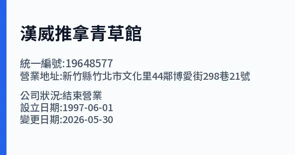 漢威推拿青草館的照片-統編 19648577(新竹縣) 公司登記資料與營業項目詳細圖表