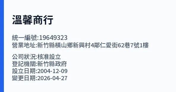 溫馨商行的照片-統編 19649323(新竹縣) 公司登記資料與營業項目詳細圖表