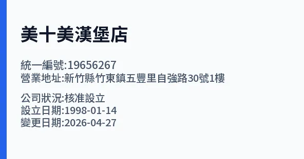 美十美漢堡店的照片-統編 19656267(新竹縣) 公司登記資料與營業項目詳細圖表
